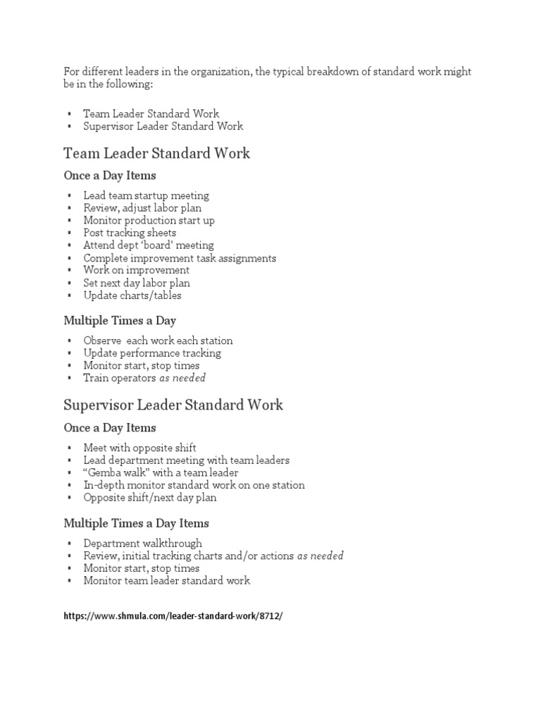 Team Leader Standard Work: Once A Day Items | PDF