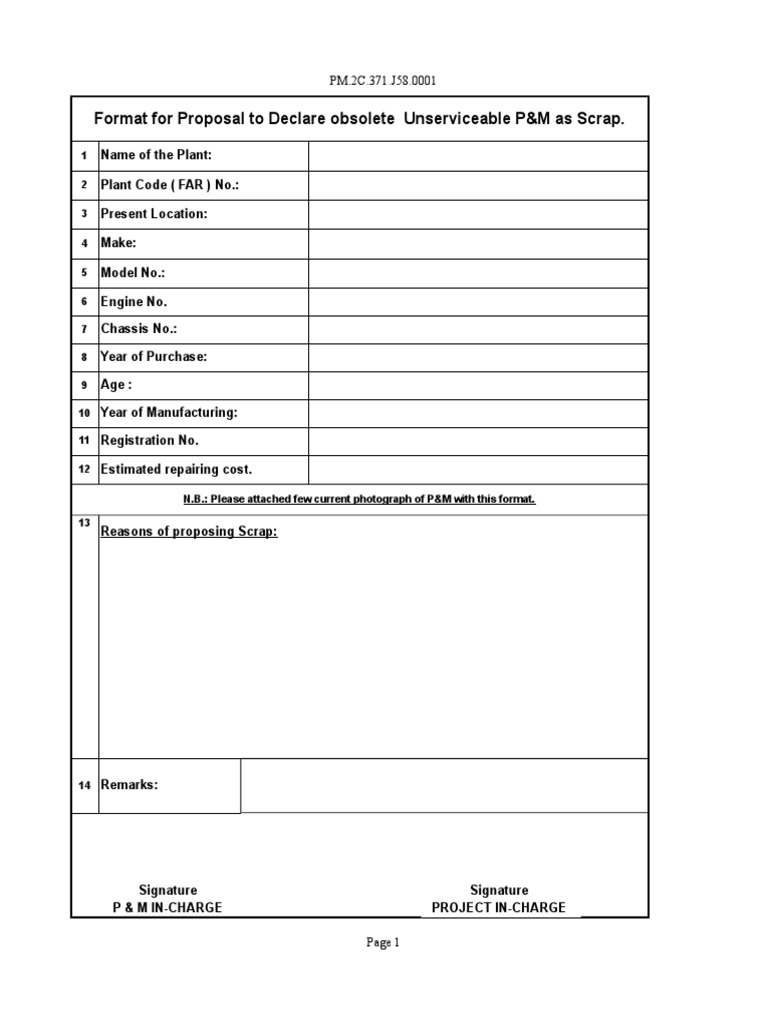 Format For Proposal To Declare Obsolete Unserviceable P&M As Scrap | PDF
