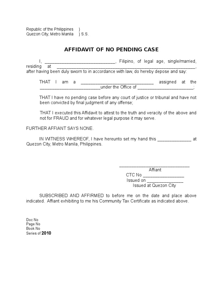 Affidavit of No Pending Case Template | PDF | Law