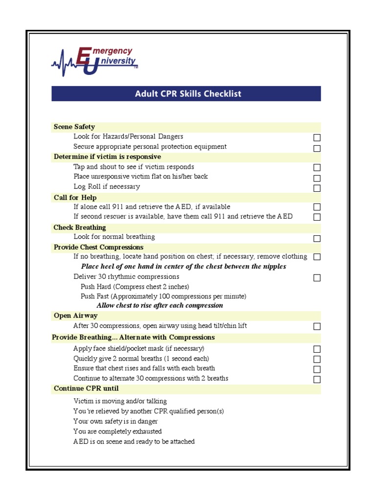 Adult CPR Skills Checklist: Scene Safety Determine If Victim Is ...