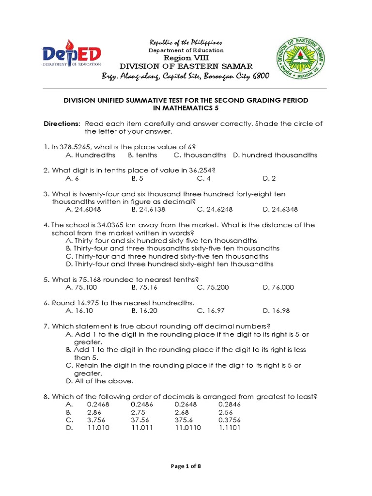 Grade 5 Second Periodical Test | PDF | Ratio | Kilogram
