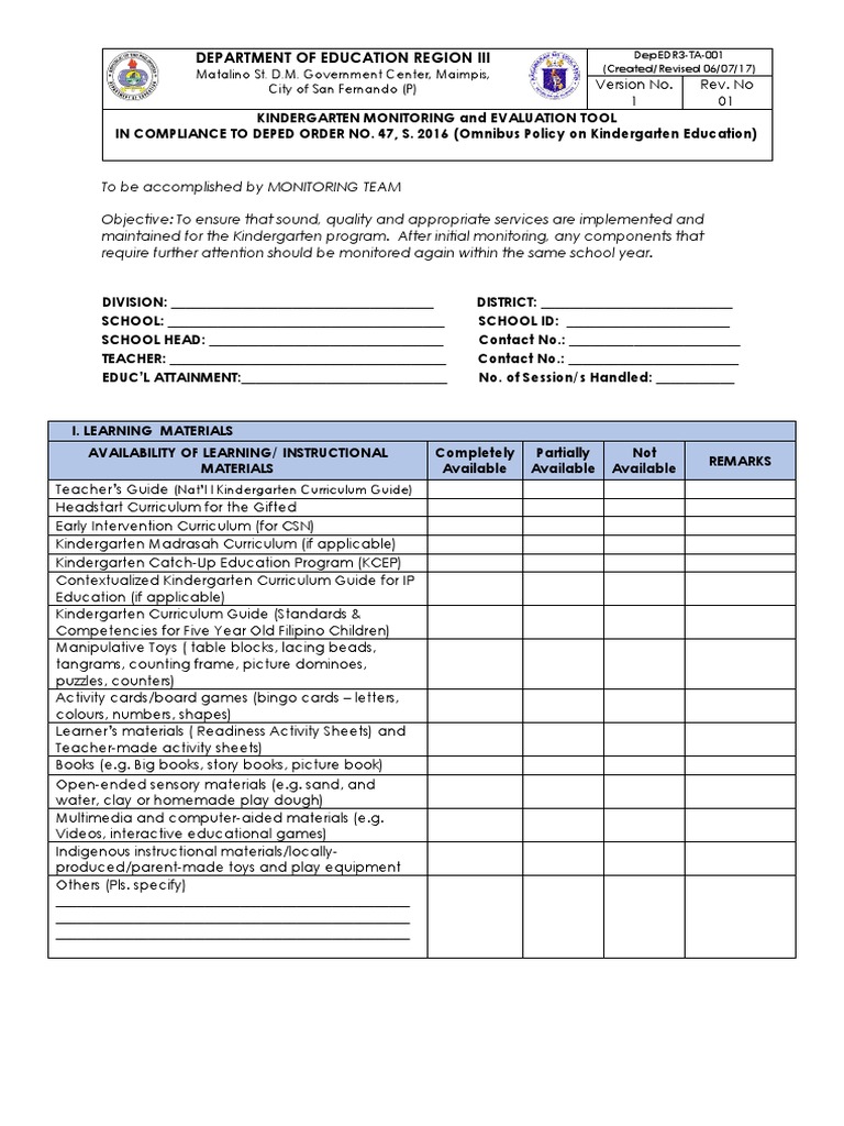 Kindergarten Monitoring Tool Optimized | PDF | Curriculum | Kindergarten