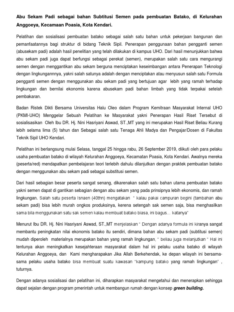 Pelatihan Penggunaan Abu Sekam Padi Sebagai Bahan Subtitusi Semen Pada Pembuatan Batako | PDF