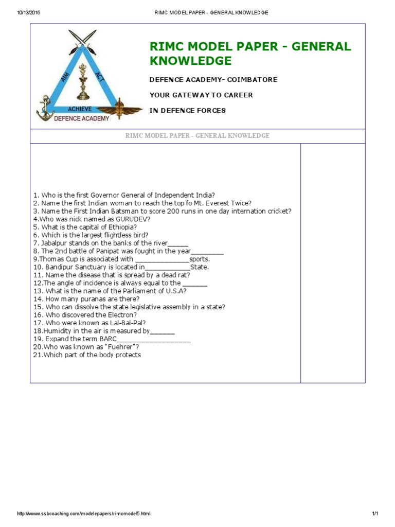 Rimc Model Paper - GK | PDF