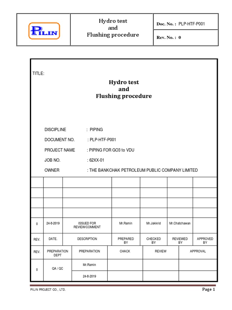 Hydrotest and Flushing Procedure | PDF | Pipe (Fluid Conveyance) | Valve