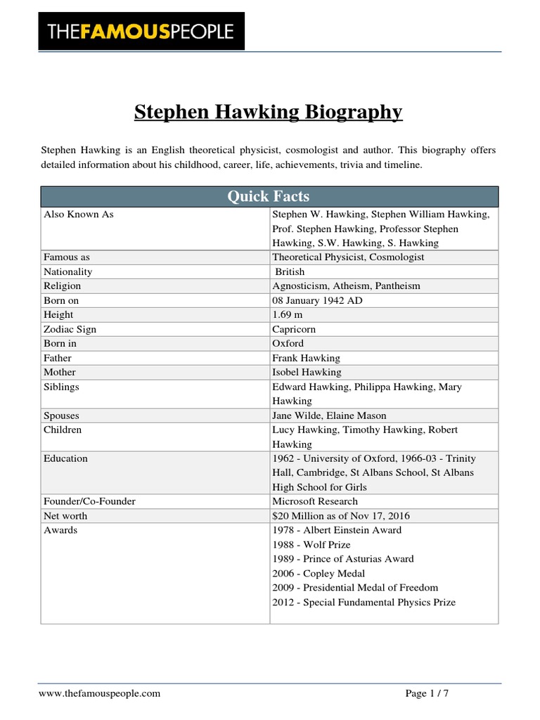 Stephen Hawking Biography: Quick Facts | PDF | Stephen Hawking | Physics