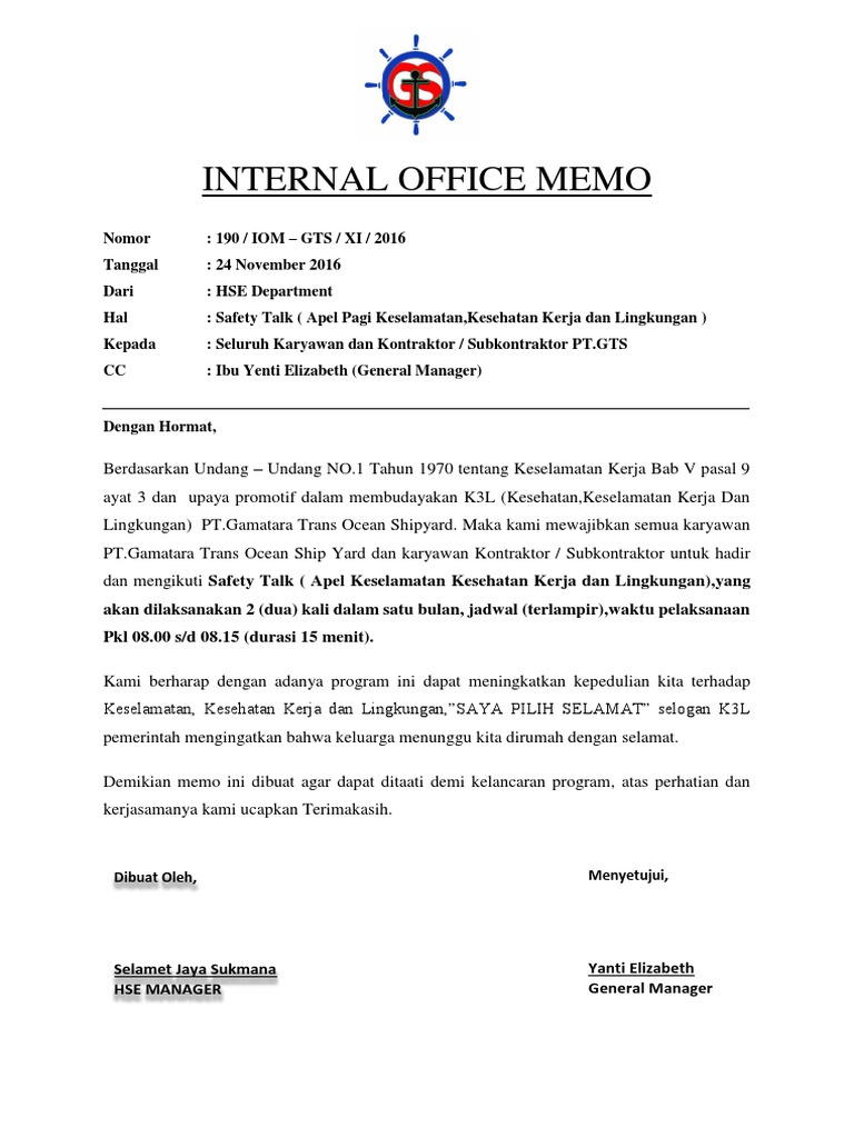 Internal Memo Safety Talk | PDF | Memasak, Makanan, & Anggur ...