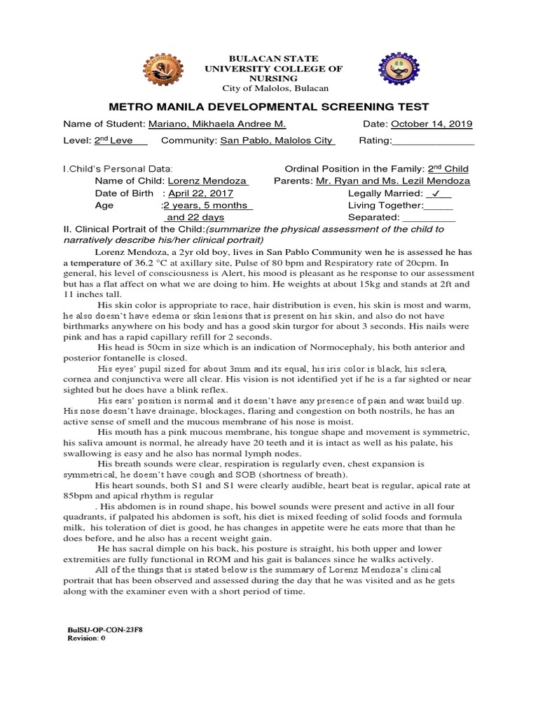 Metro Manila Developmental Screening Test: Bulacan State University ...