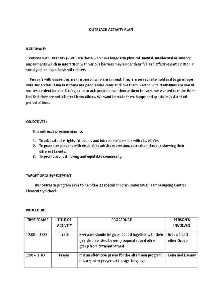 Outreach Activity Plan | PDF | Disability