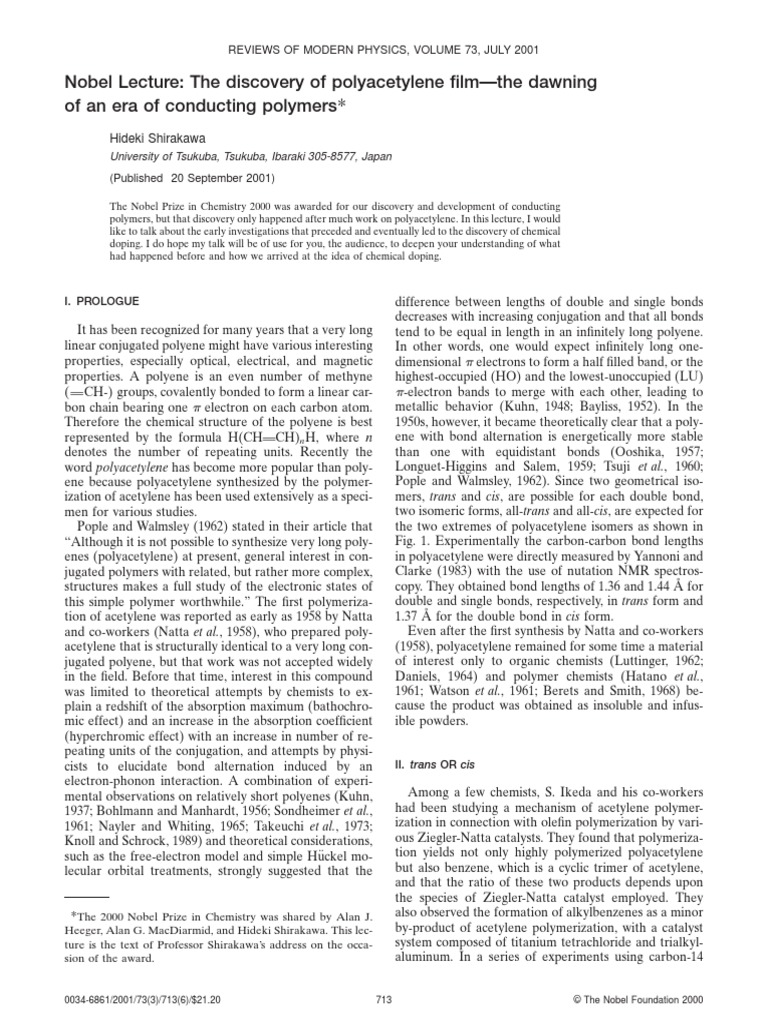Nobel Lecture: The Discovery of Polyacetylene Film-The Dawning of An ...