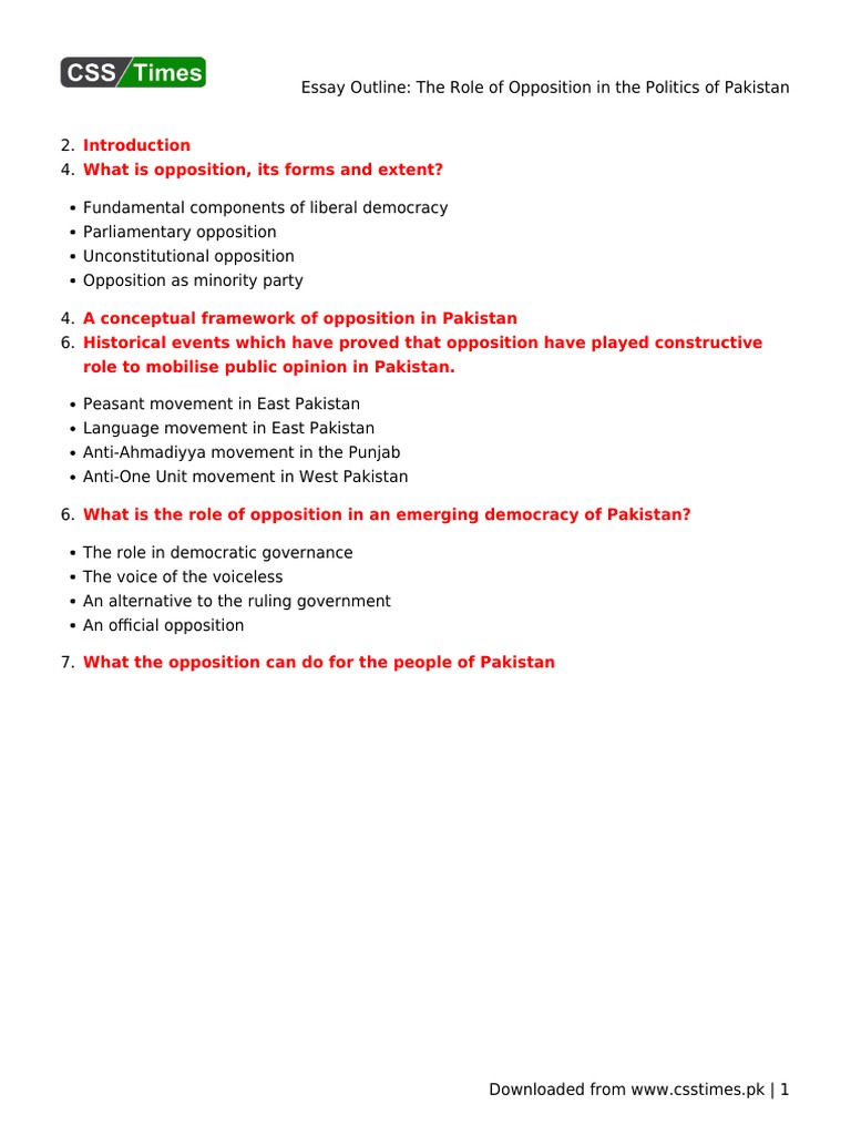 Essay Outline - The Role of Opposition in The Politics of Pakistan ...