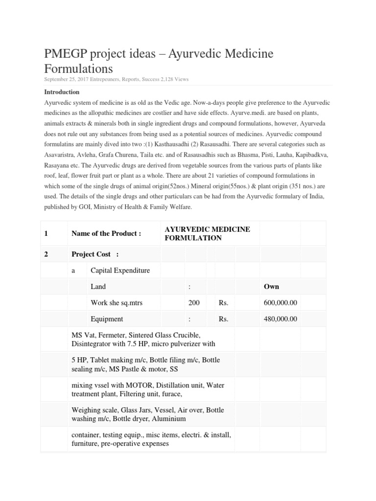 PMEGP Project Ideas - Ayurvedic Medicine Formulations | PDF | Ayurveda ...