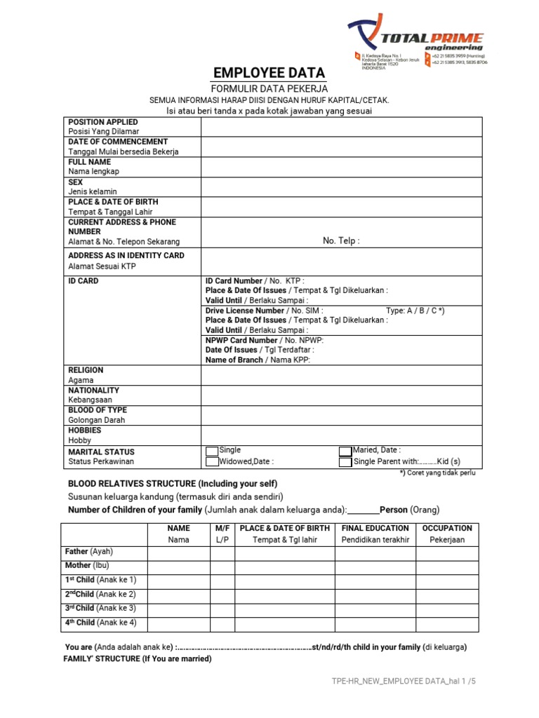 Form Isian Karyawan | PDF