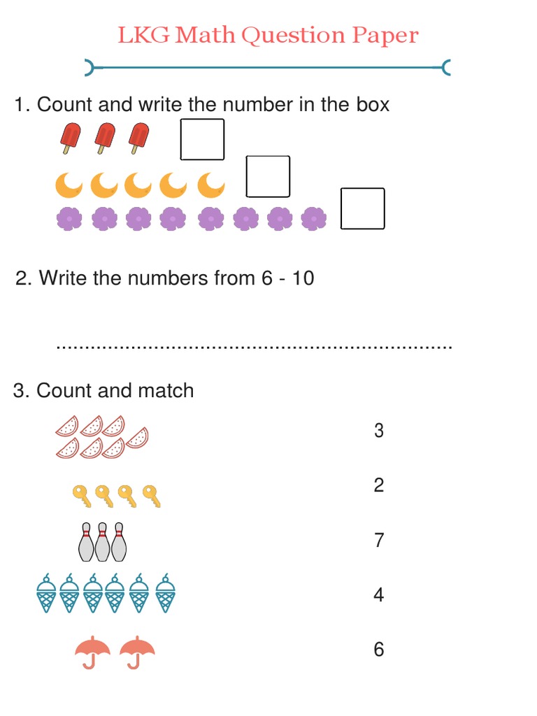 LKG Math Question Paper: 1. Count and Write The Number in The Box | PDF ...