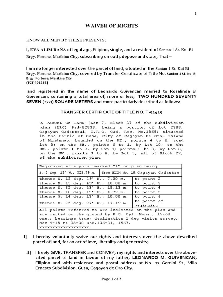Voluntary Waiver of Rights to a Parcel of Land | PDF | Civil Law ...