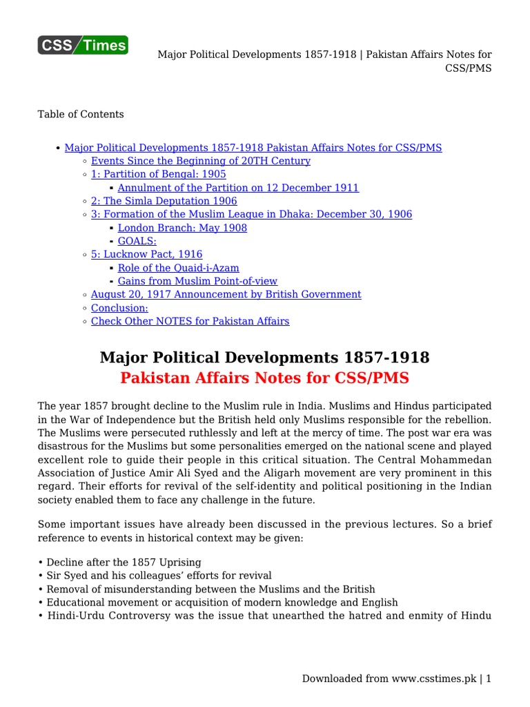 Major Political Developments 1857-1918 - Pakistan Affairs Notes For CSS ...