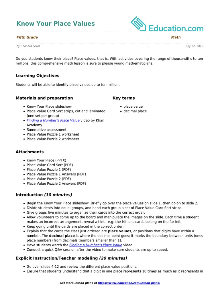 Know Your Place Values: Learning Objectives | PDF | Lesson Plan ...