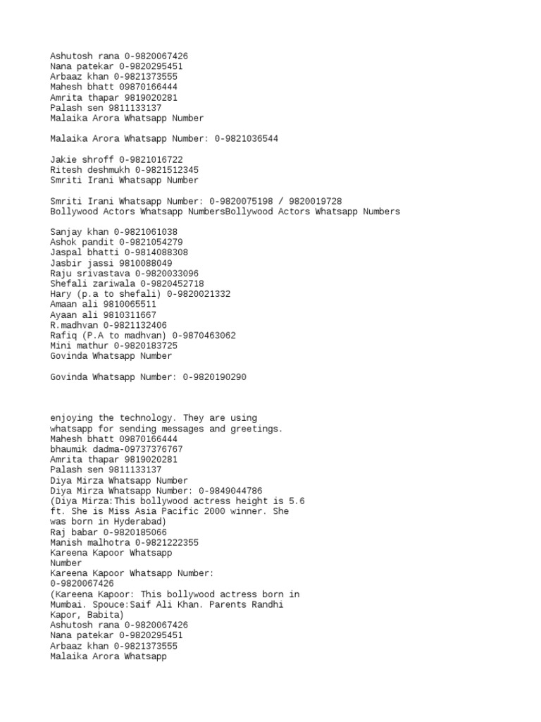 Bollywood Actors Whatsapp Numbers Directory | PDF | Bollywood | Cinema ...