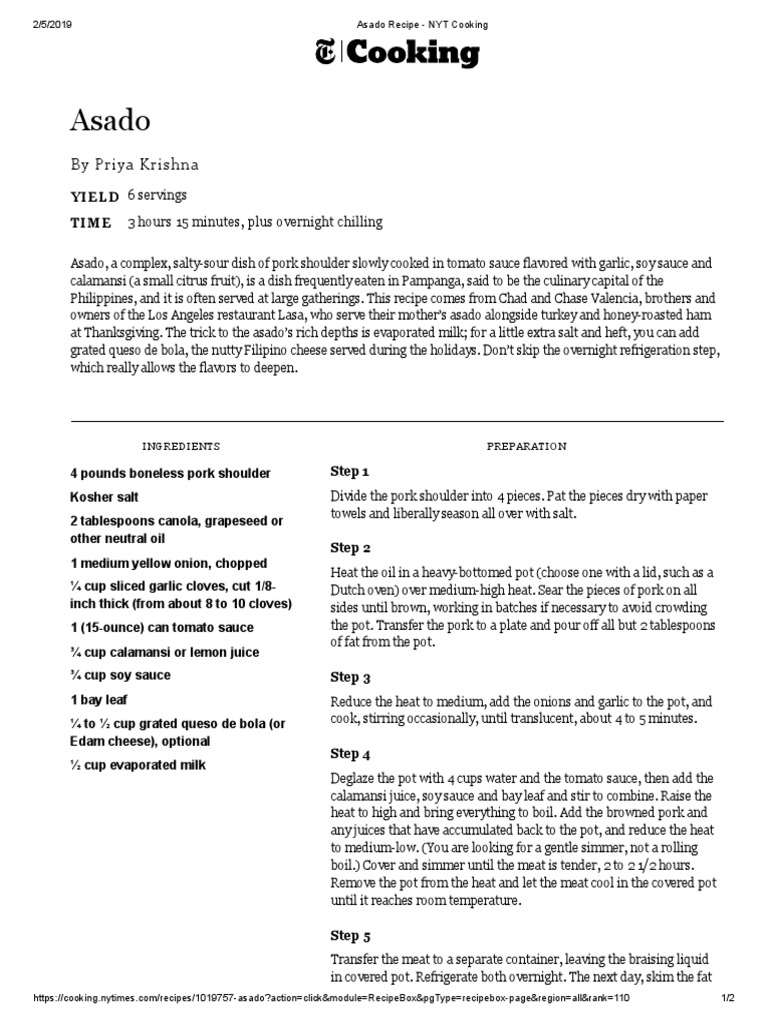 Asado Recipe - NYT Cooking | PDF | Sauce | Pork