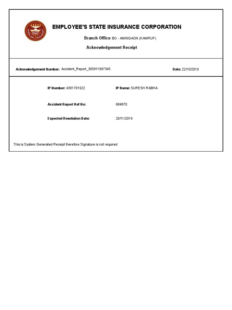 Employee Insurance Accident Acknowledgment | PDF | Finance & Money ...