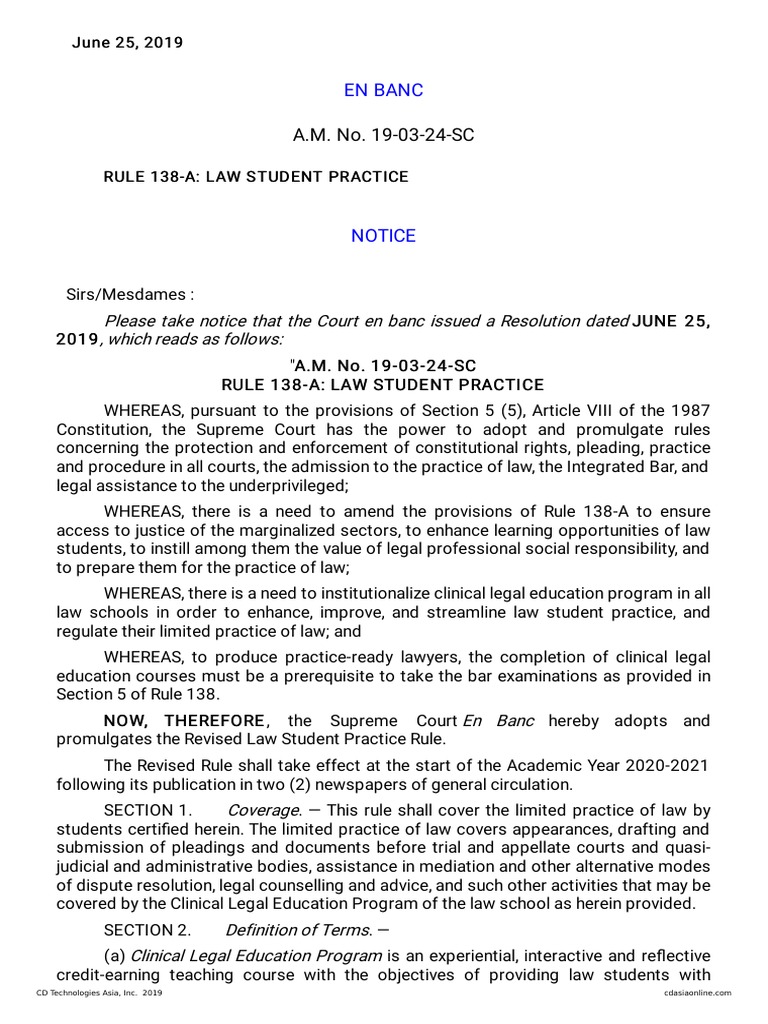 231615-2019-Rule 138-A Law Student Practice PDF | PDF
