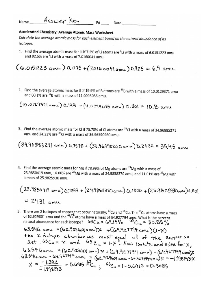 Average Atomic Mass Worksheet Answer Key | PDF