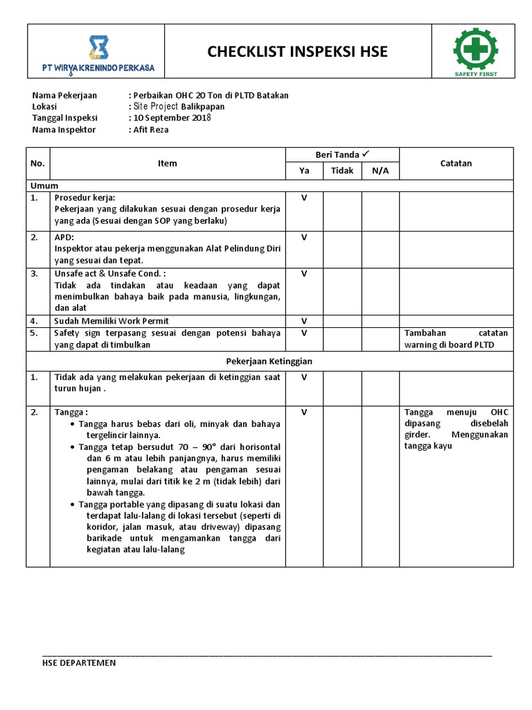 Checklist Inspeksi HSE-perbaikan OHC | PDF