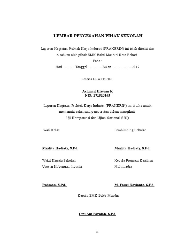 Lembar Pengesahan Pihak Sekolah Prakerin | PDF | Bisnis
