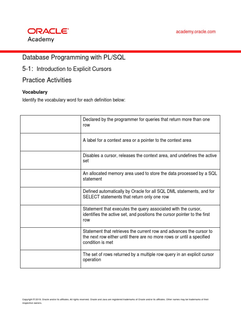 PLSQL 5 1 Practice | PDF | Pl/Sql | Oracle Database PLSQL 5 1 Practice | PDF | Pl/Sql | Oracle Database