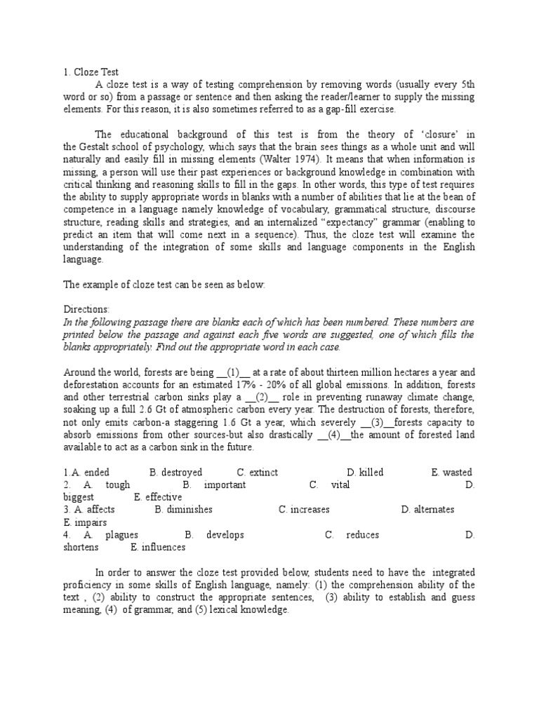 Cloze Test and Dictation | PDF | Psychological Concepts | Cognition
