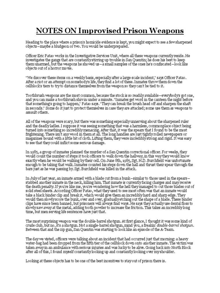 Notes On Improvised Prison Weapons PDF | PDF | Prison | Weaponry