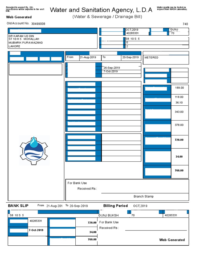 Analysis of Water and Sewerage Bill Indicating Charges, Payments, and ...