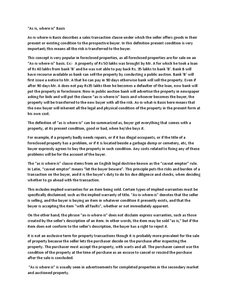 As Is Where Is Basis | PDF | Implied Warranty | Business Law