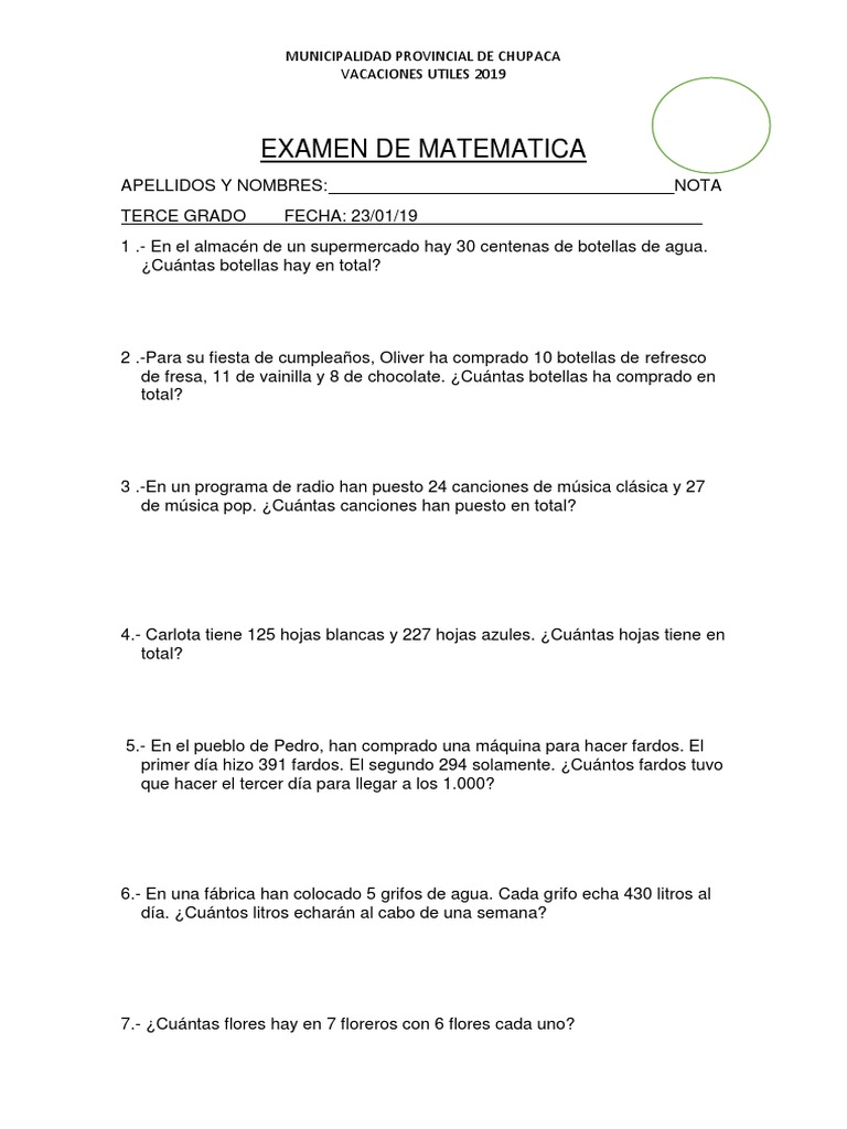 Examen de Matematica Tercer Grado Vacaciones | PDF
