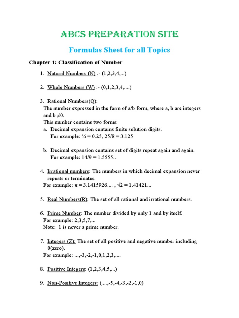 Abcs Preparation Site: Formulas Sheet For All Topics | PDF | Area ...