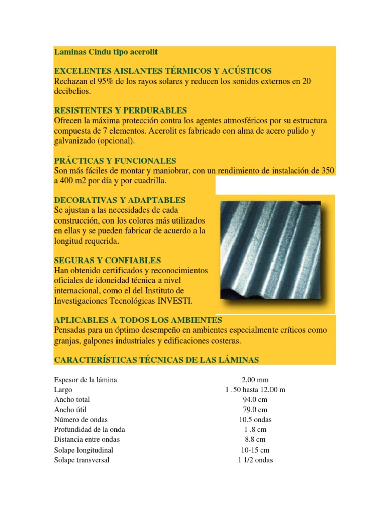 Laminas Cindu Tipo Acerolit | PDF | Aluminio | Aislamiento térmico