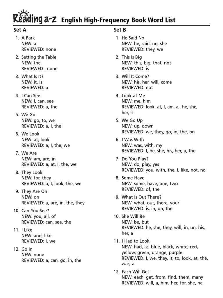 English High-Frequency Book Word List: Set A Set B | PDF | Sports