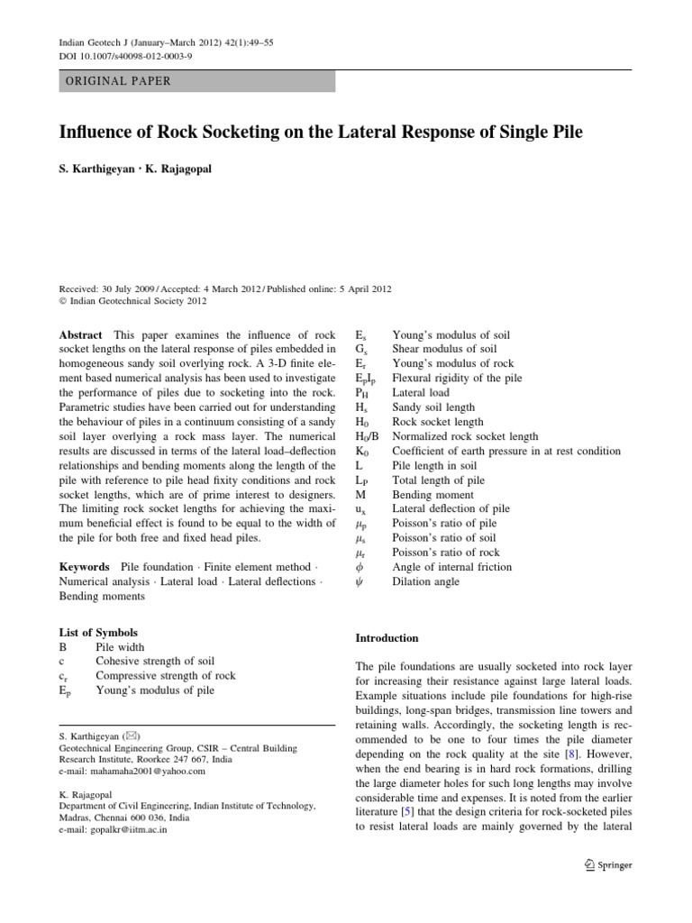 Influence of Rock Socketing On The Lateral Response of Single Pile ...