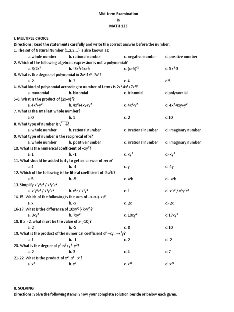 College Algebra Midterm Exam Guide | PDF | Numbers | Polynomial