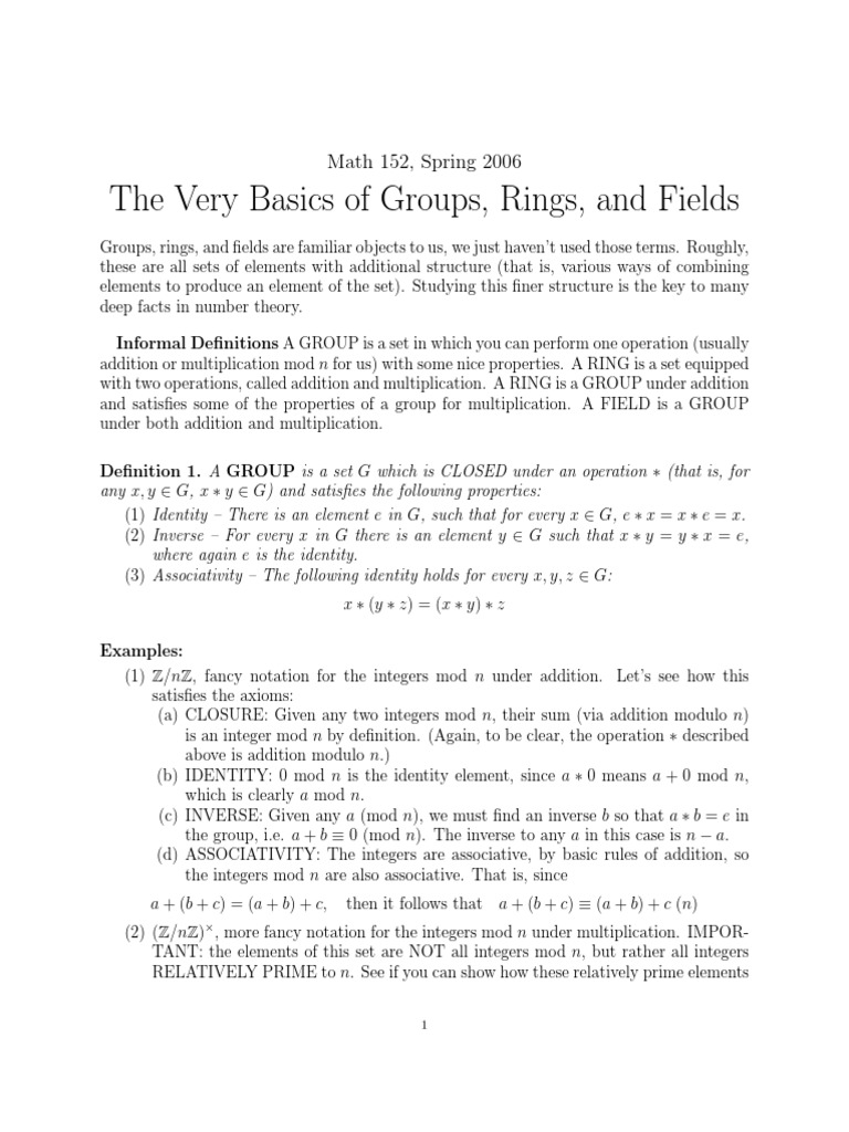 The Very Basics of Groups, Rings, and Fields: Math 152, Spring 2006 | PDF | Group (Mathematics ...