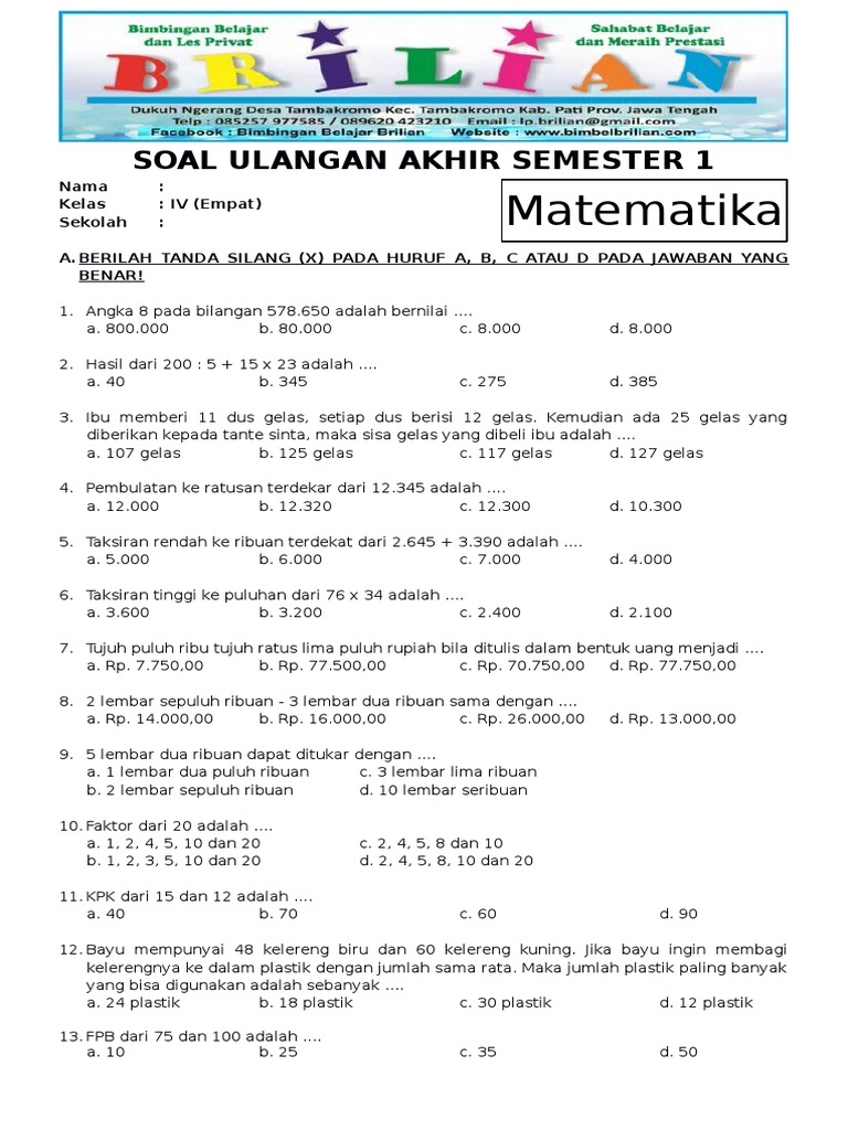 Soal UAS Matematika Kelas 4 SD Semester 1 (Ganjil) Dan Kunci Jawaban | PDF