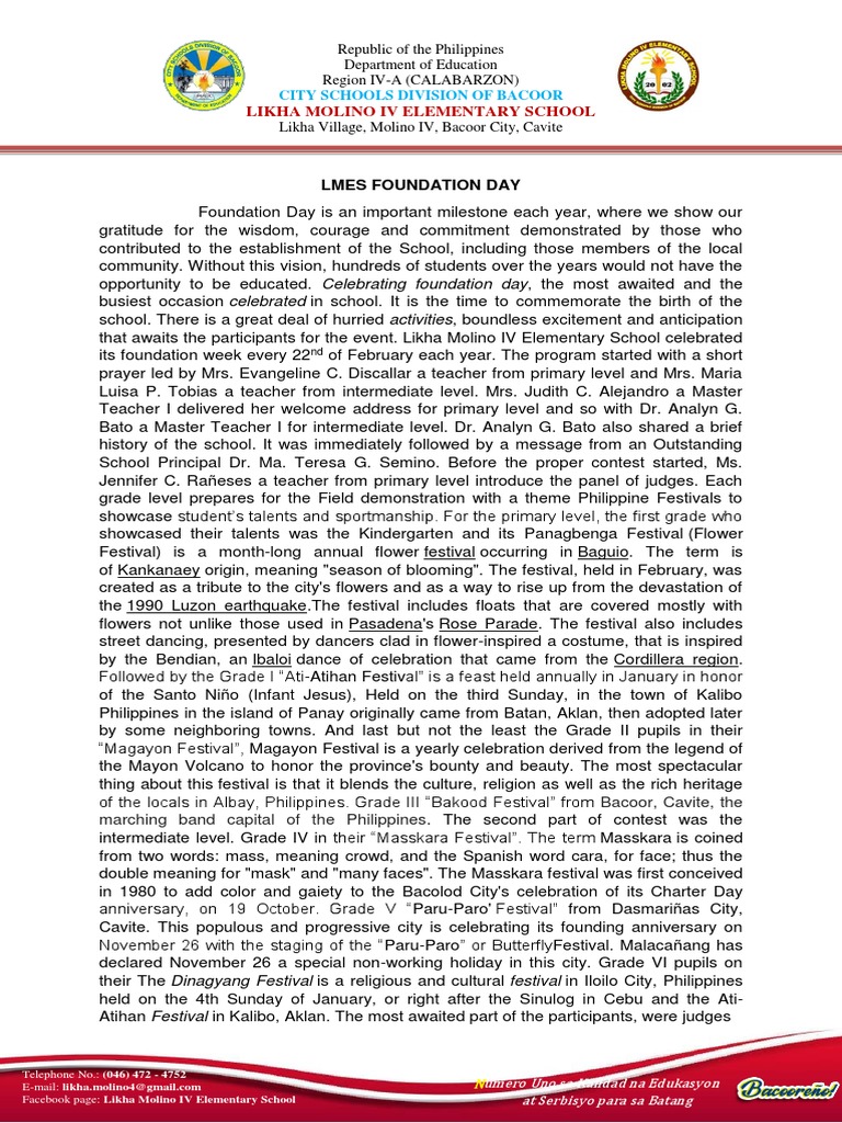 Likha Molino Iv Elementary School: Lmes Foundation Day | PDF | Social ...