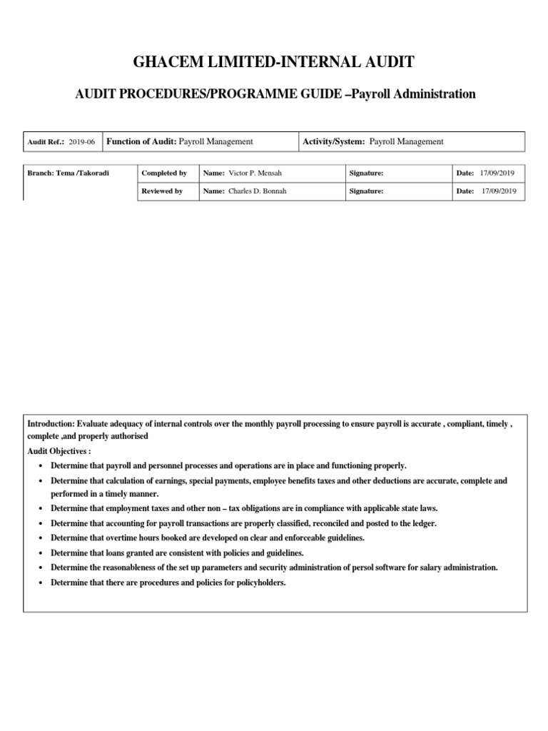 Payroll Audit Programme for 2019 | Payroll | Audit