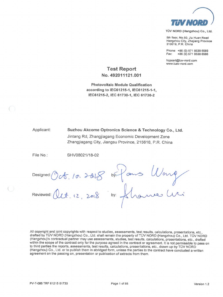 TÜV Test Report for PV Modules | PDF | Electrical Wiring | Photovoltaics