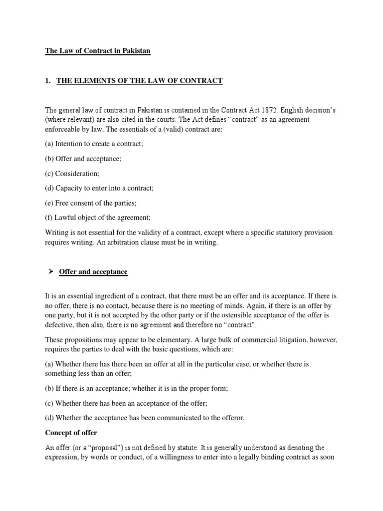The Law of Contract in Pakistan | PDF | Offer And Acceptance | Mediation