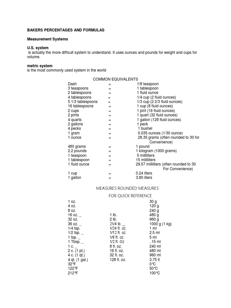 Bakers Percentages and Formulas Measurement Systems U.S. System | PDF ...
