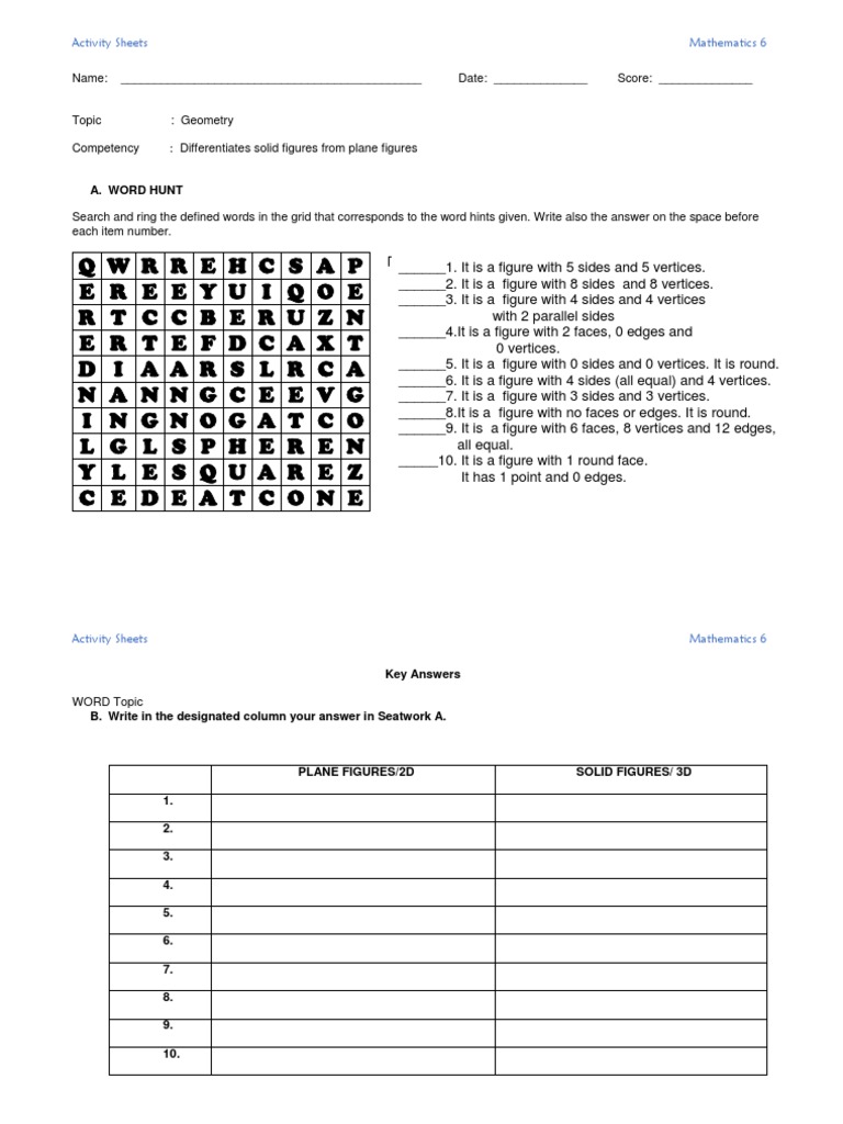 Activity Sheet 1 Differentiate Solid Figures From Plane Figures | PDF ...