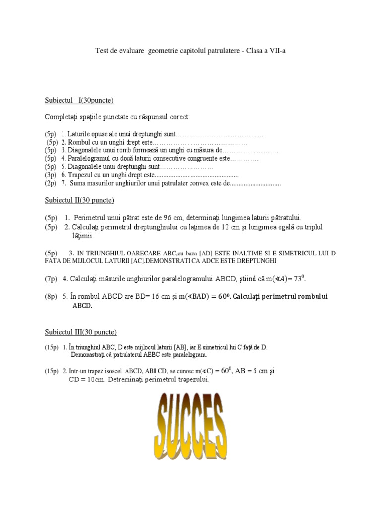 Test Patrulatere Clasa 7: Cum Sa-ti Testezi Cunostintele Geometrice
