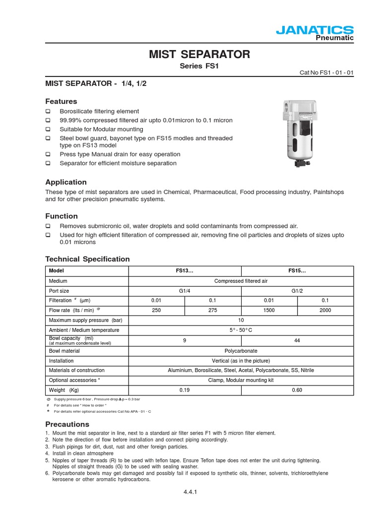 Series FS1 Mist Separator - 1/4, 1/2 Features | PDF | Chemical ...