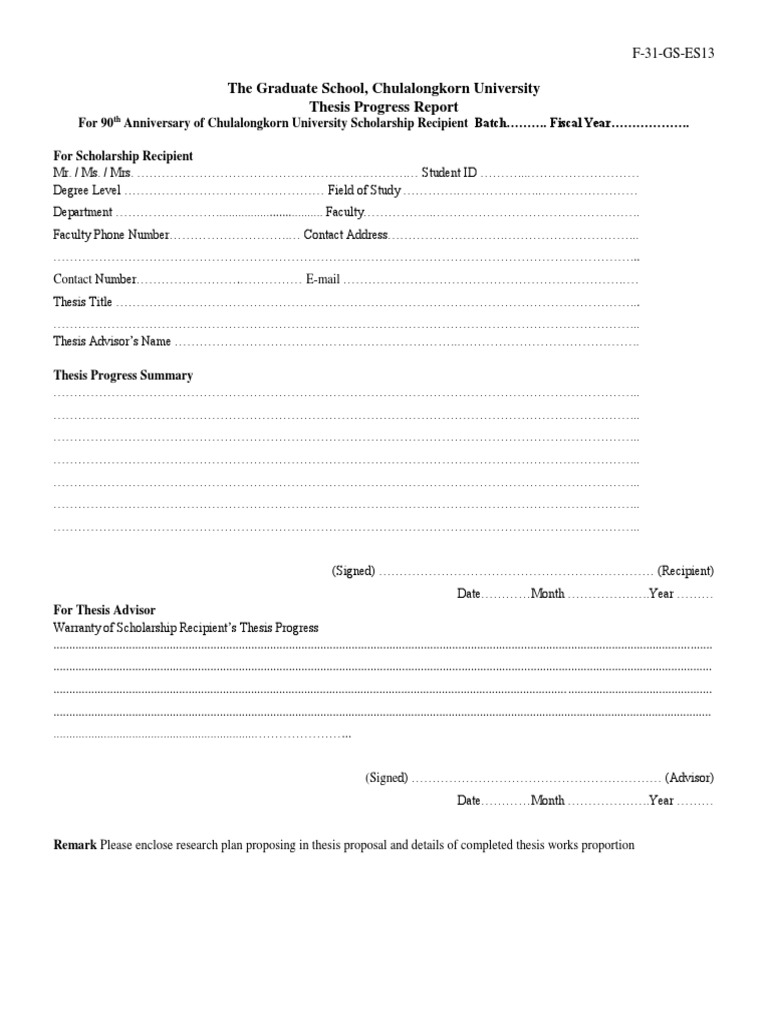 The Graduate School, Chulalongkorn University Thesis Progress Report ...